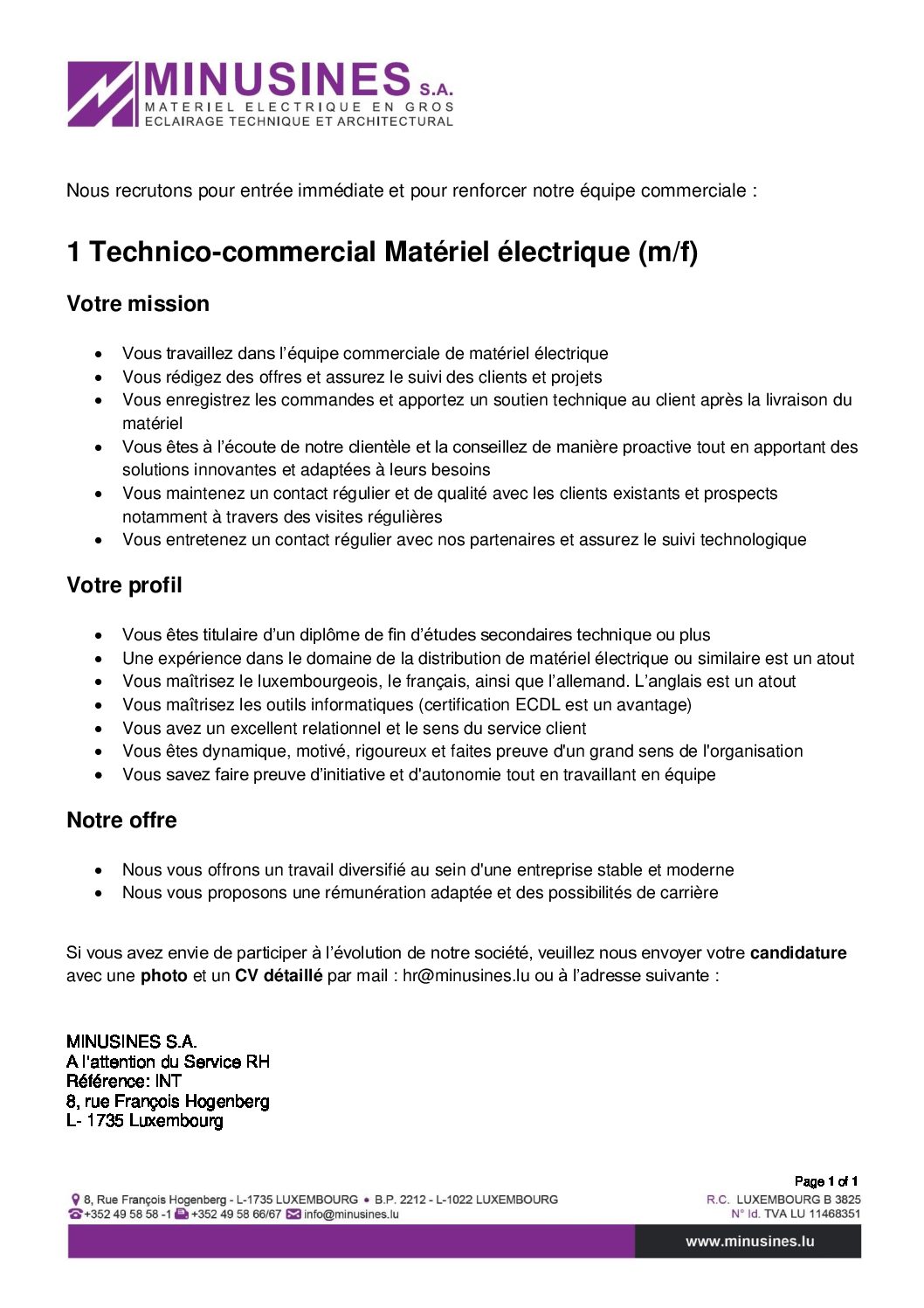 Technico-commercial Matériel électrique – Minusines S.A.